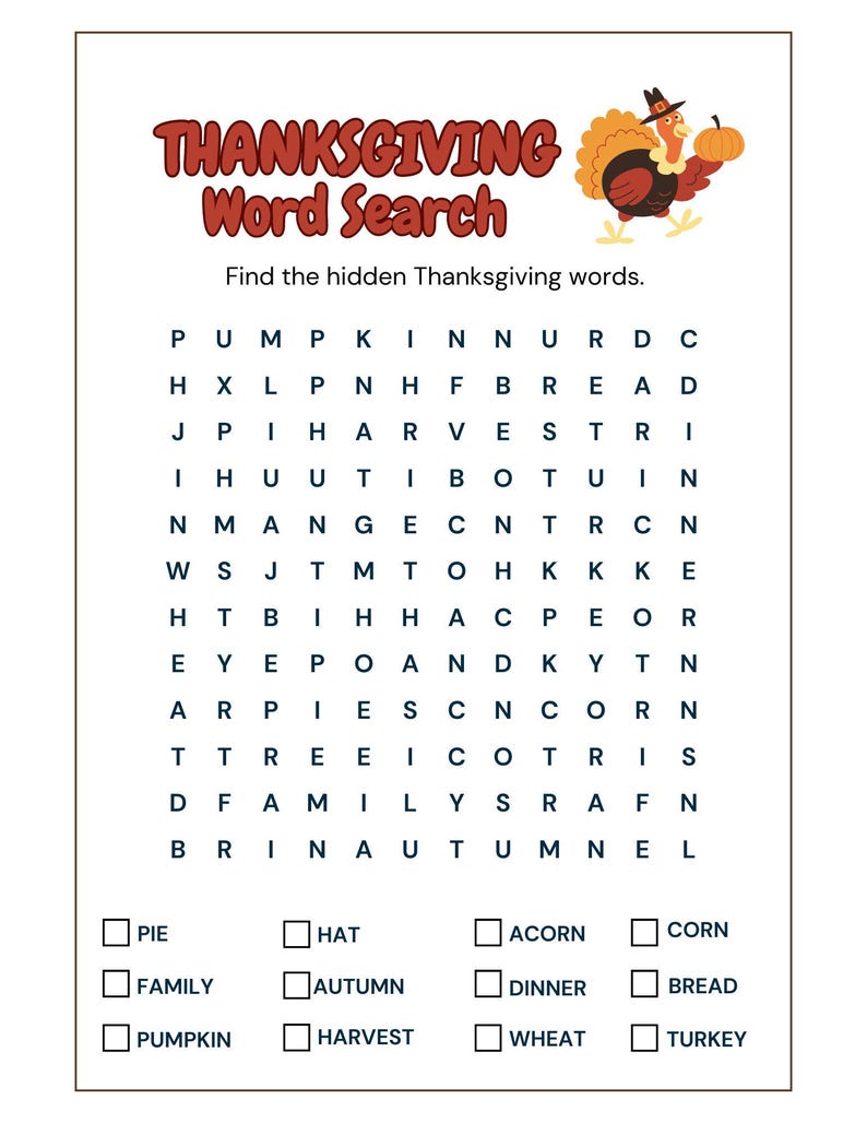 Thanksgiving Word Search - Etsy
