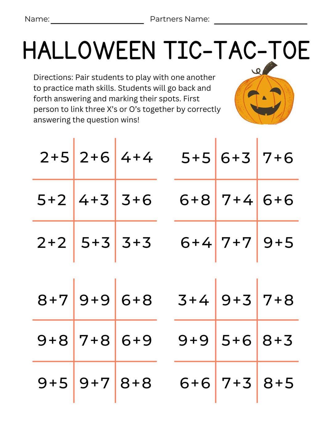 Halloween Tic Tac Toe Math - Etsy
