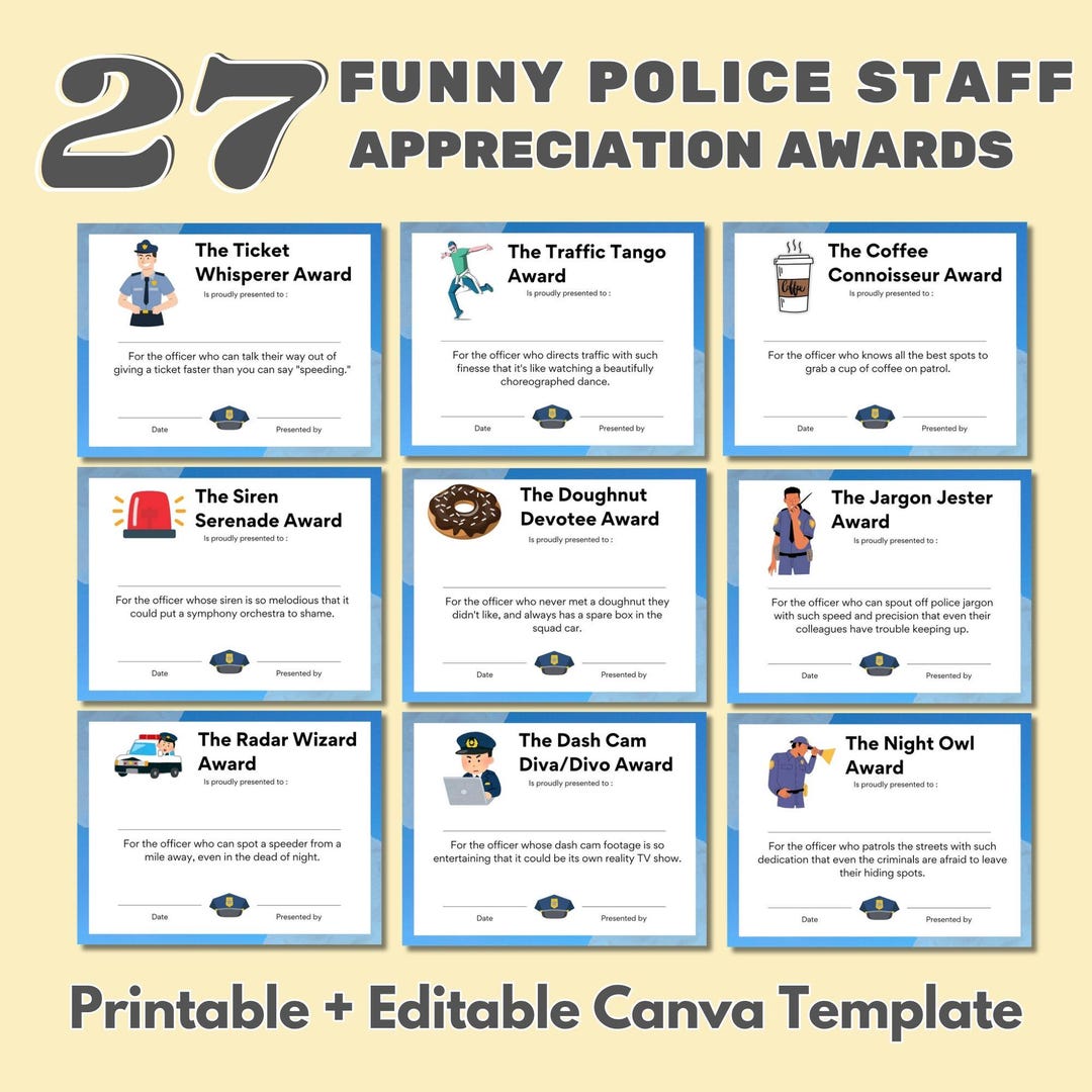 Funny Police Staff Appreciation Awards: 27 Printable Certificates ...