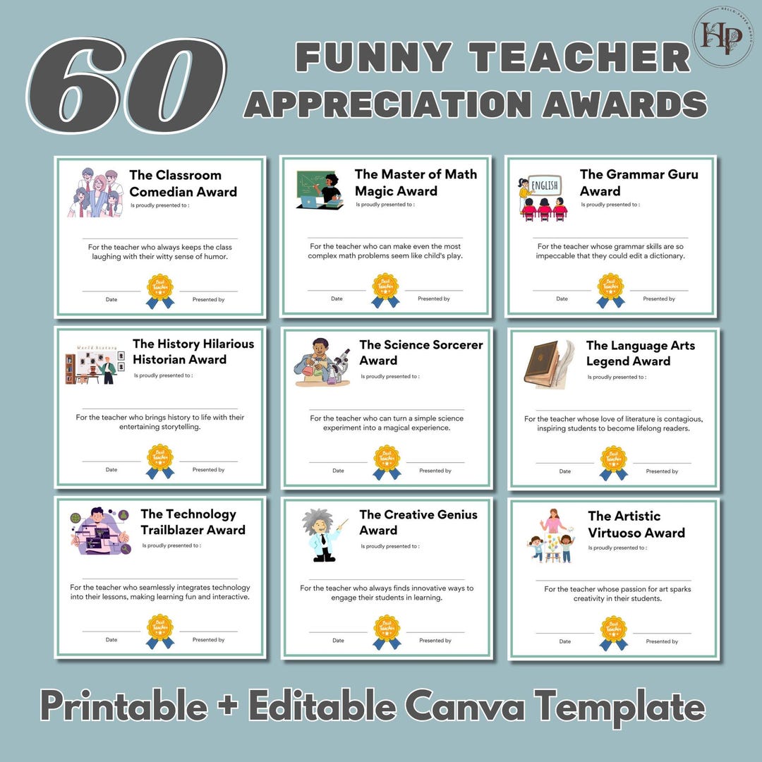 Funny Teacher Appreciation Award Certificates, Editable Canva Template ...
