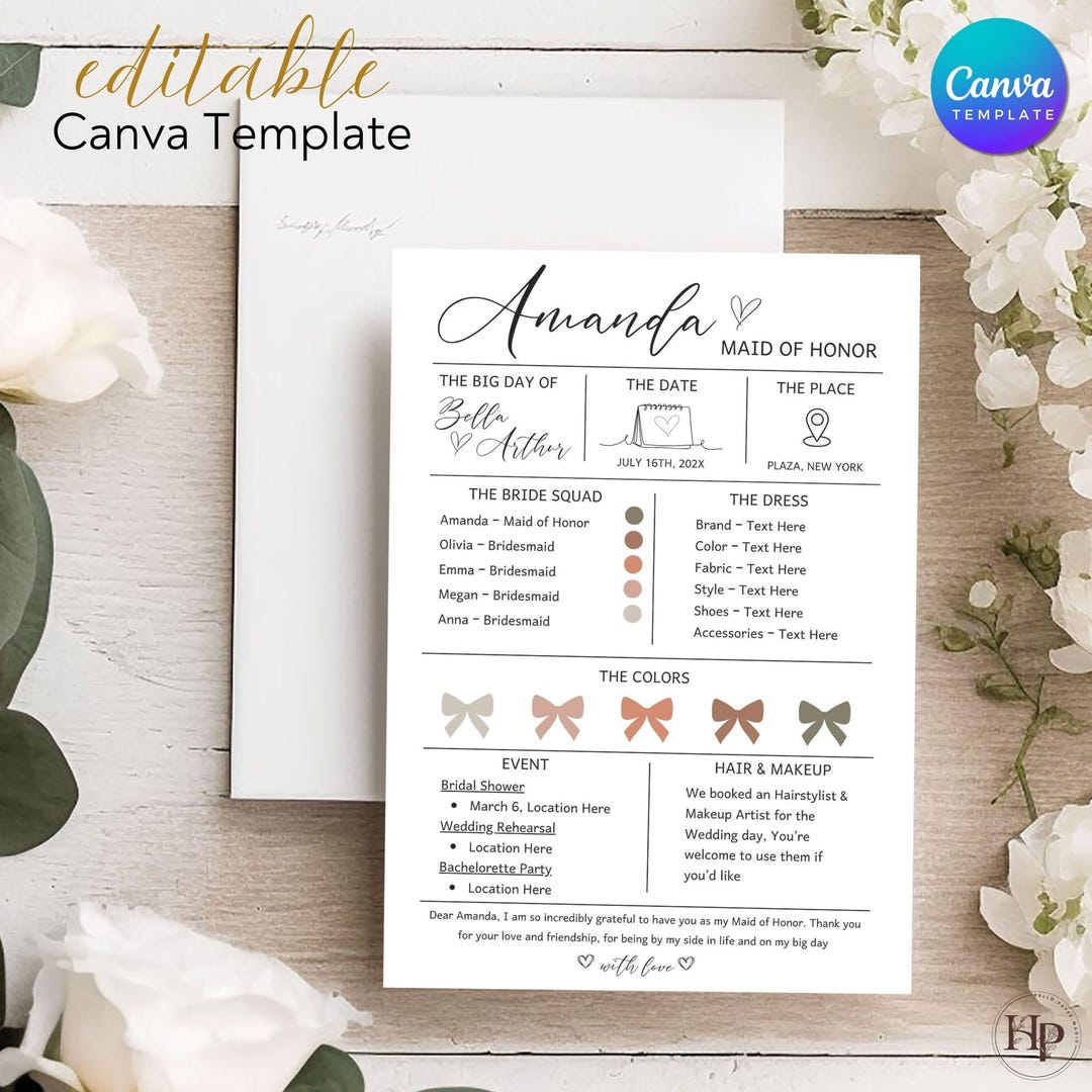 Editable Bridesmaid Information Card Template: Bridal Party Details ...