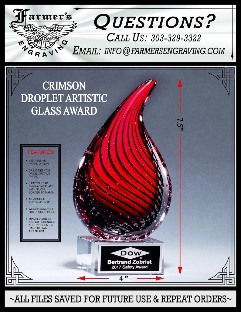 Crimson Tear Shaped Art Glass Award With Custom Engraving Corporate Red ...