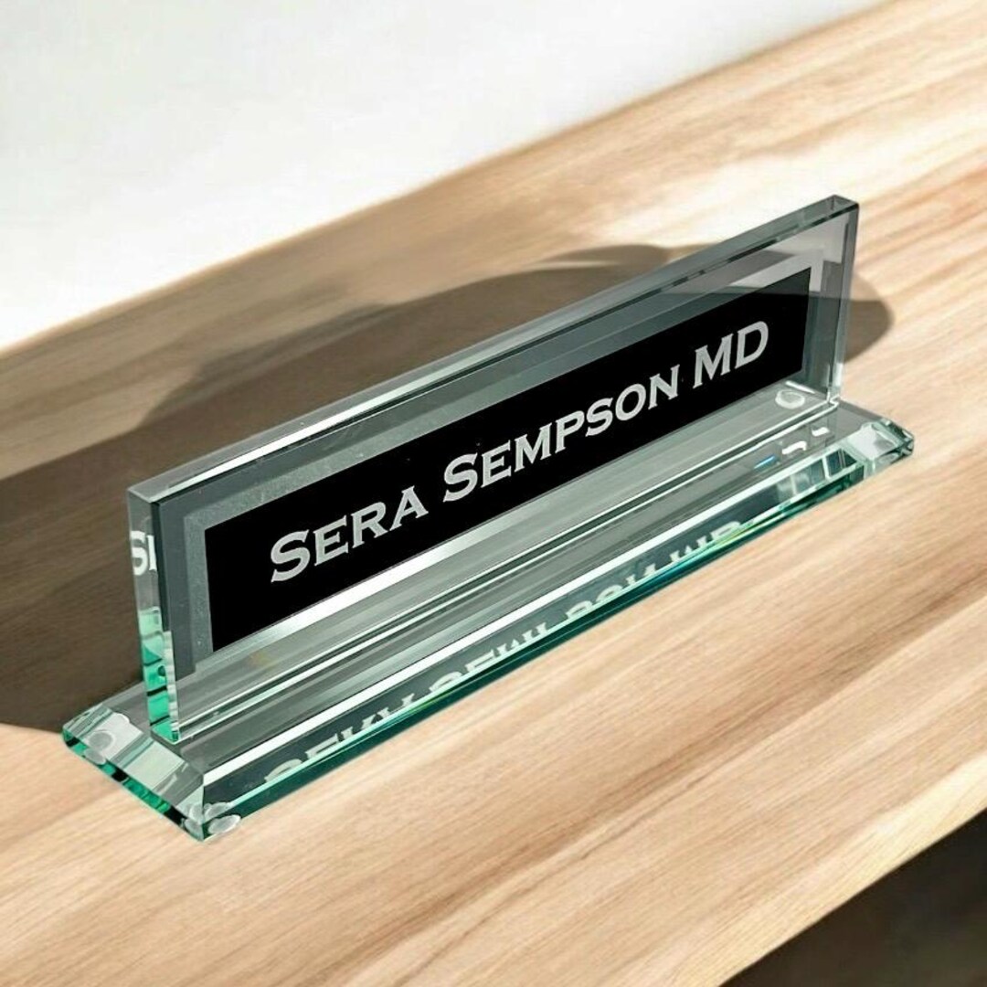 Modern Glass Desktop Name Sign, Glass Name Plate, Desk Name, Engraved ...