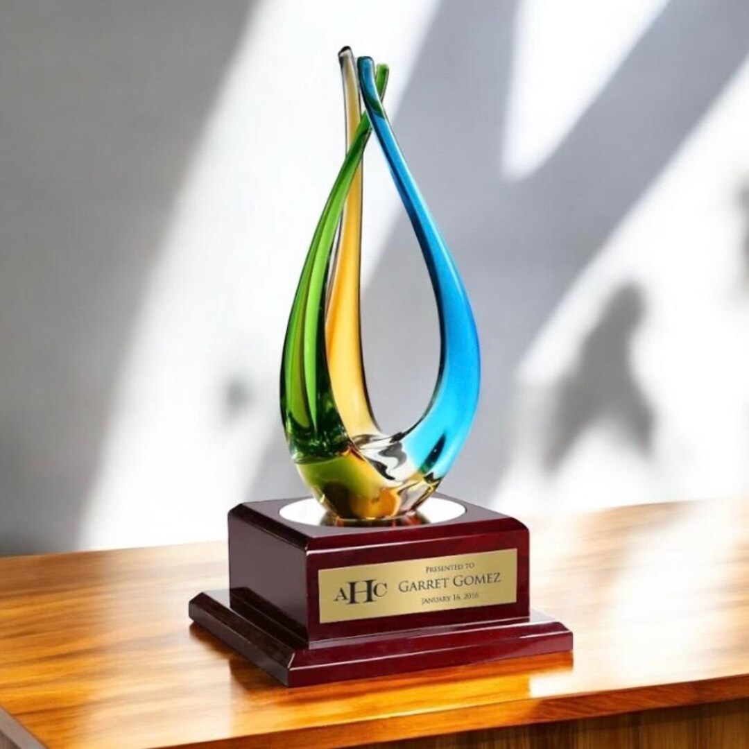 The Teamwork Tripod Green Blue Orange Glass Corporate Award ...