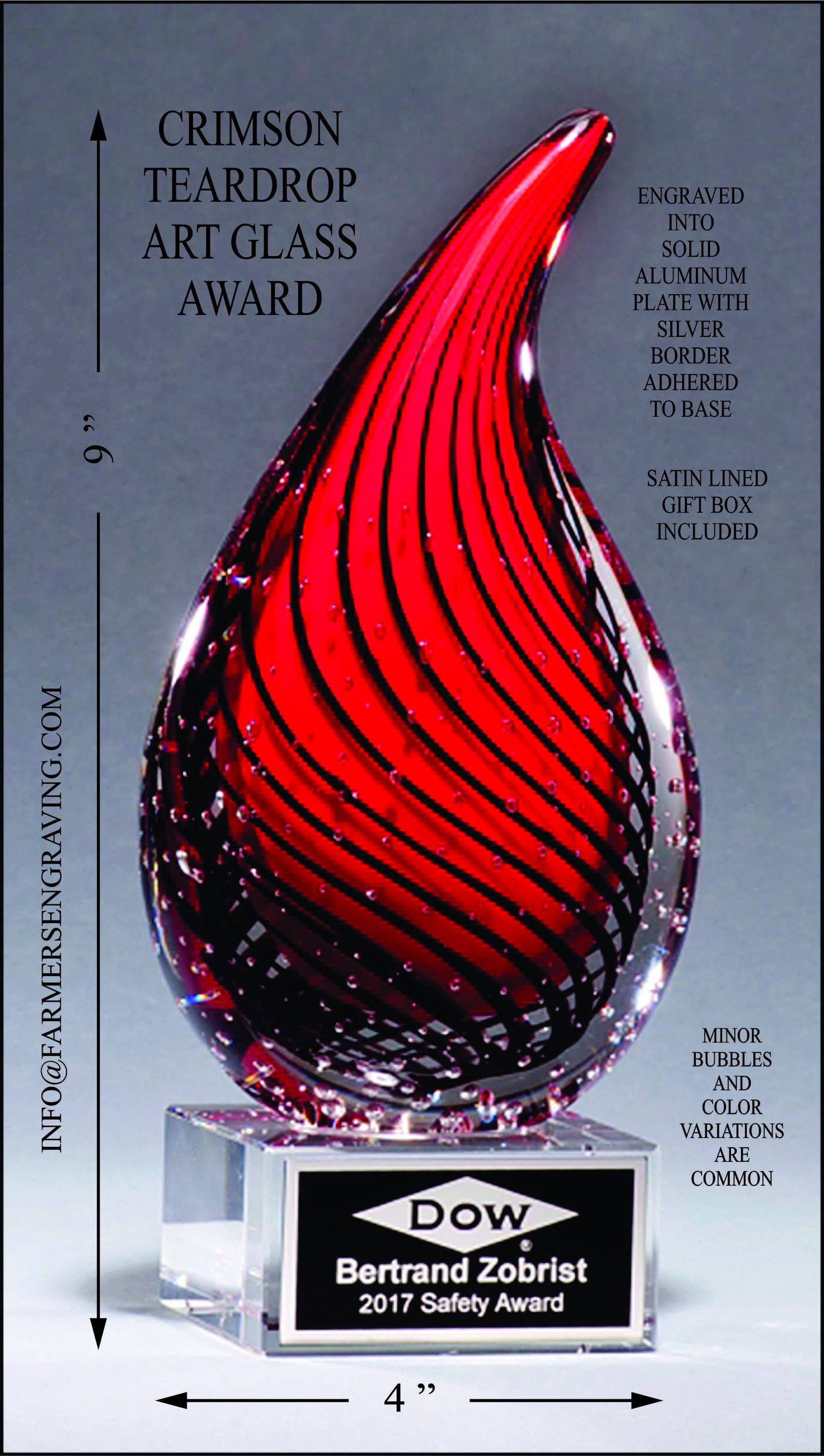 Crimson Teardrop Shaped Art Glass Award With Custom Engraving Corporate ...