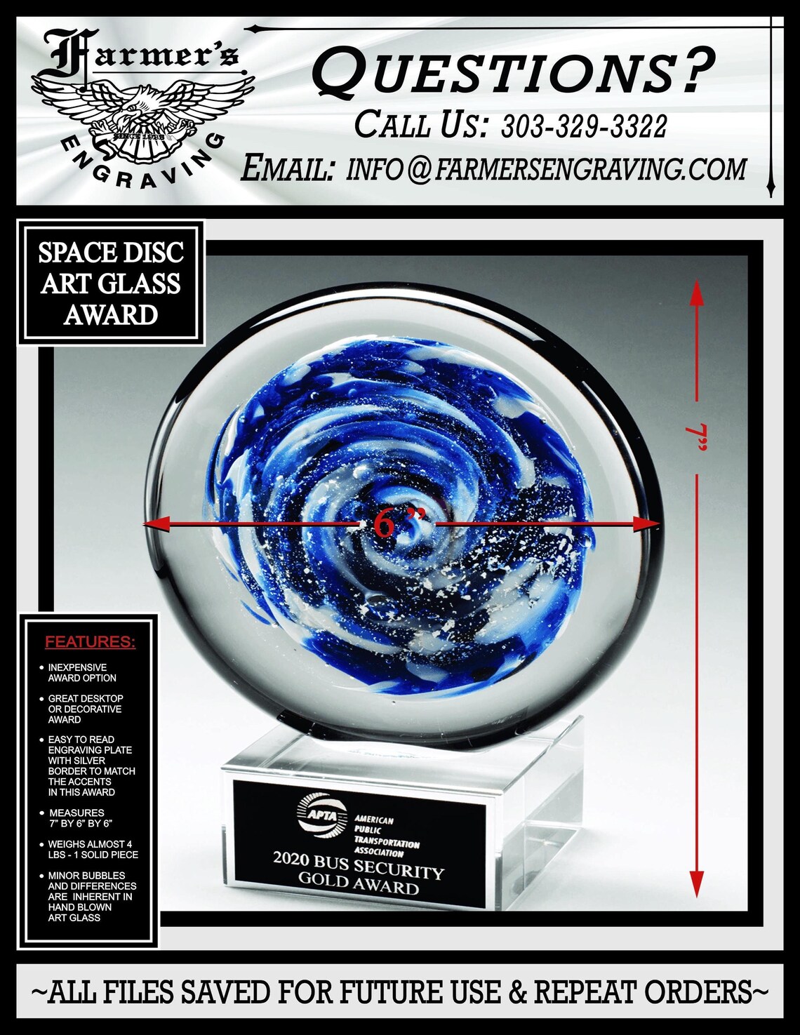 Space Disc Art Glass Award With Custom Engraving Plate - Hand Blown ...