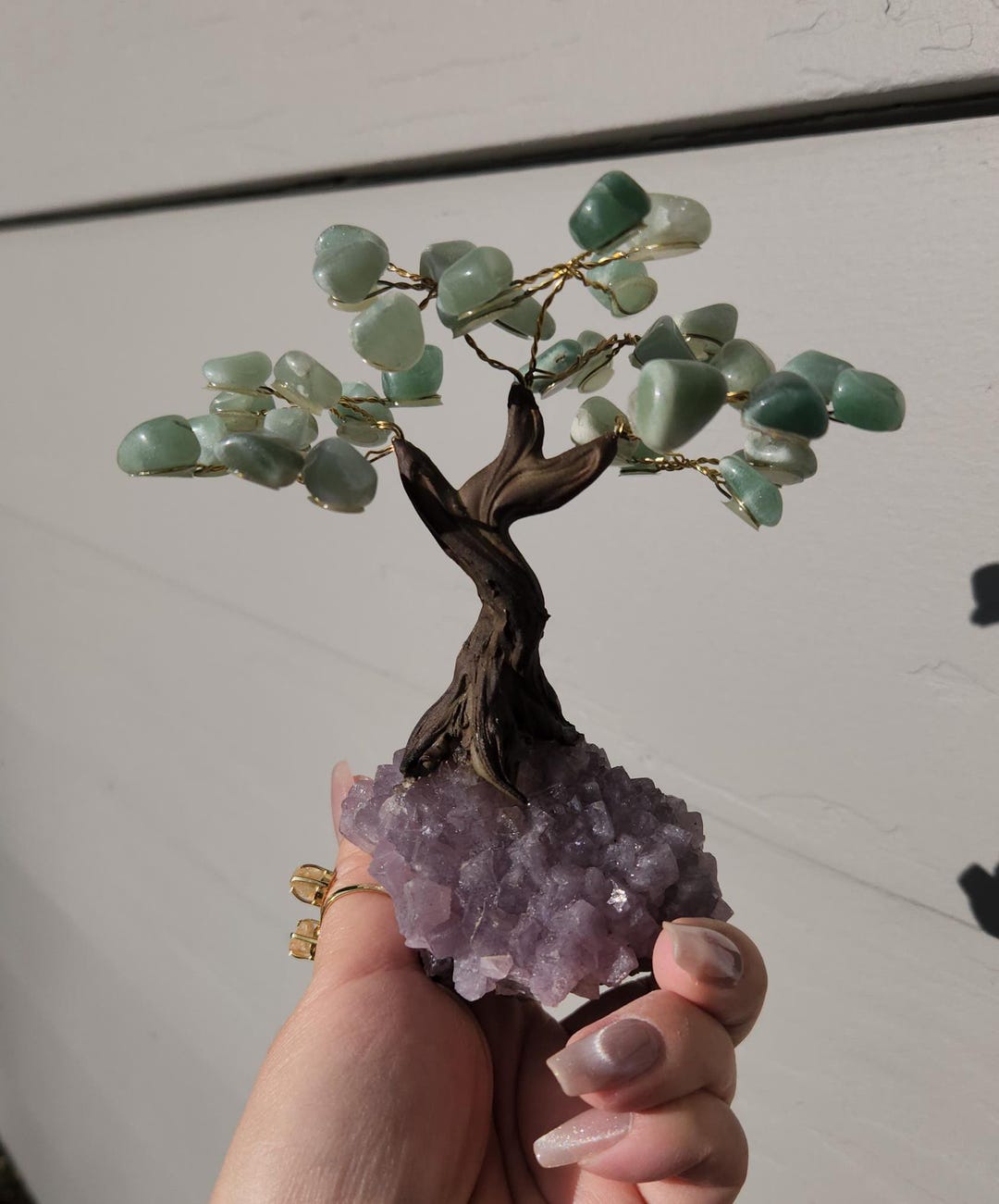 Lucky Green Aventurine Bonsai Tree With Purple Amethyst Cluster Base ...