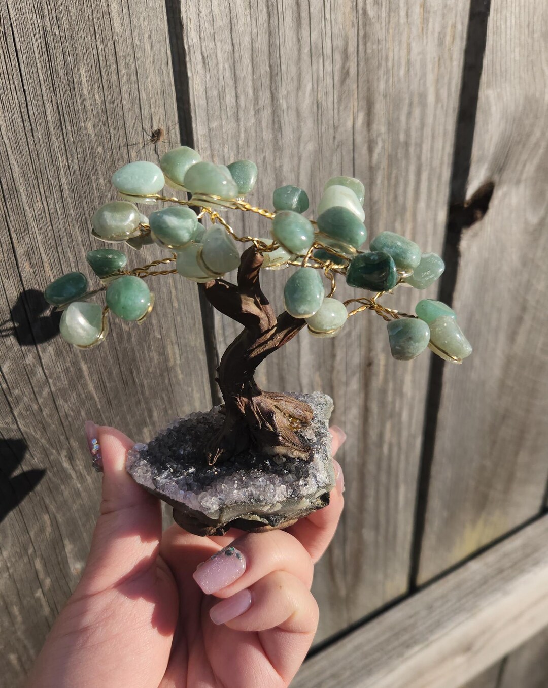 Lucky Green Aventurine Bonsai Tree With a Dark Amethyst Cluster Base ...
