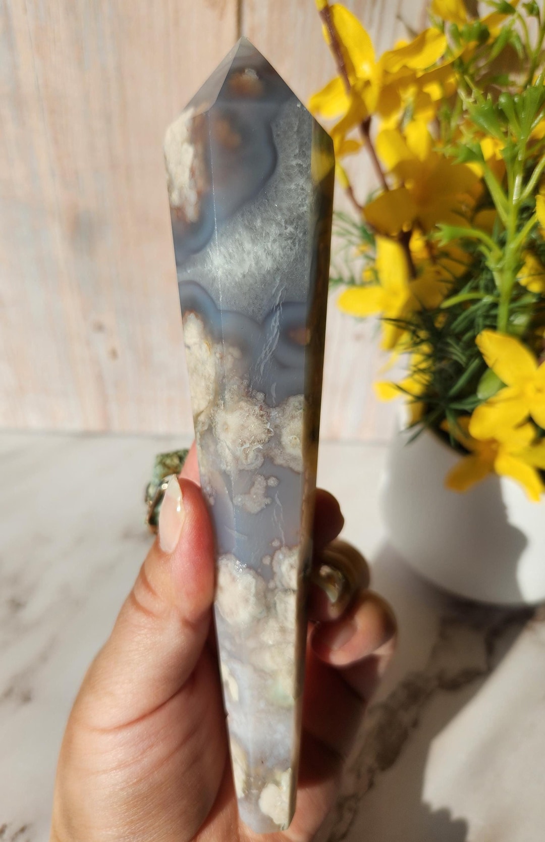Natural Black Flower Agate Wand With Stand, Has Quartz, Black ...