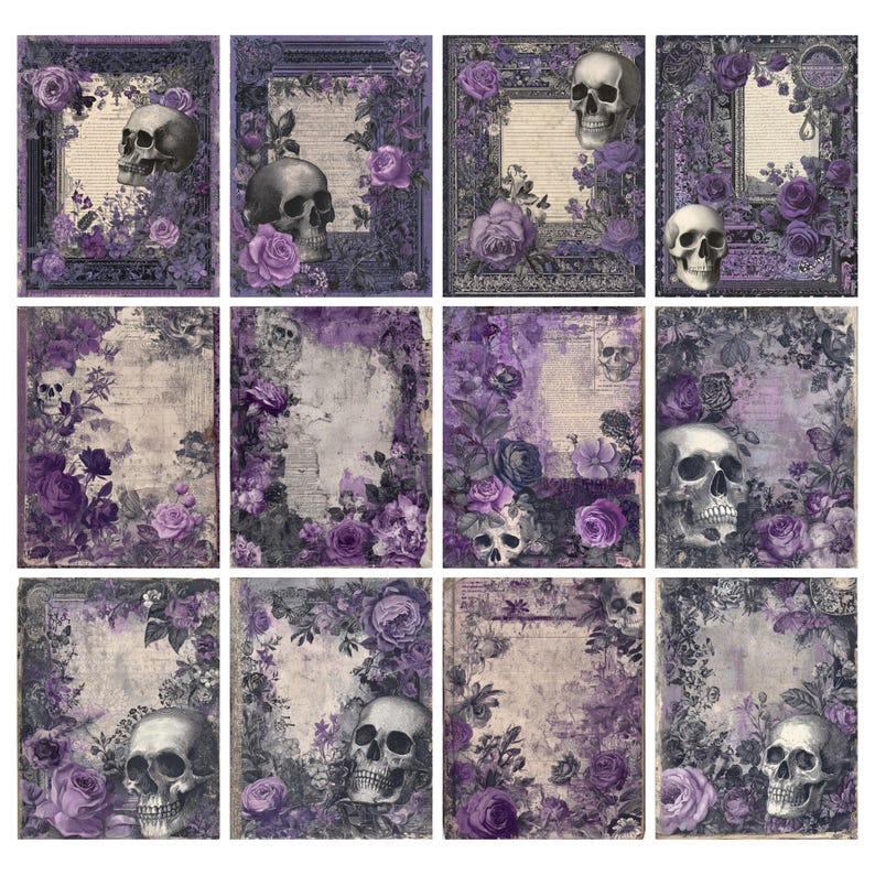 Goth Junk Journal Printable Purple Skull Roses Lace Vintage Victorian ...