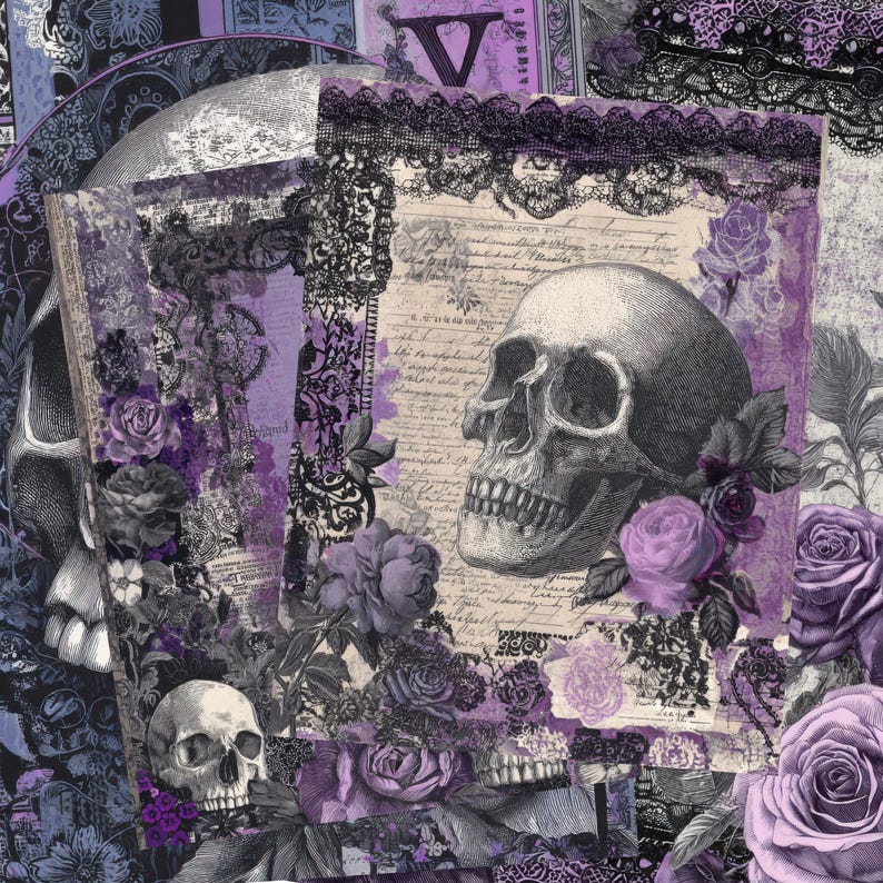 Goth Junk Journal Printable Purple Skull Roses Lace Vintage Victorian ...