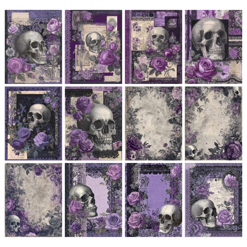 Goth Junk Journal Printable Purple Skull Roses Lace Vintage Victorian ...