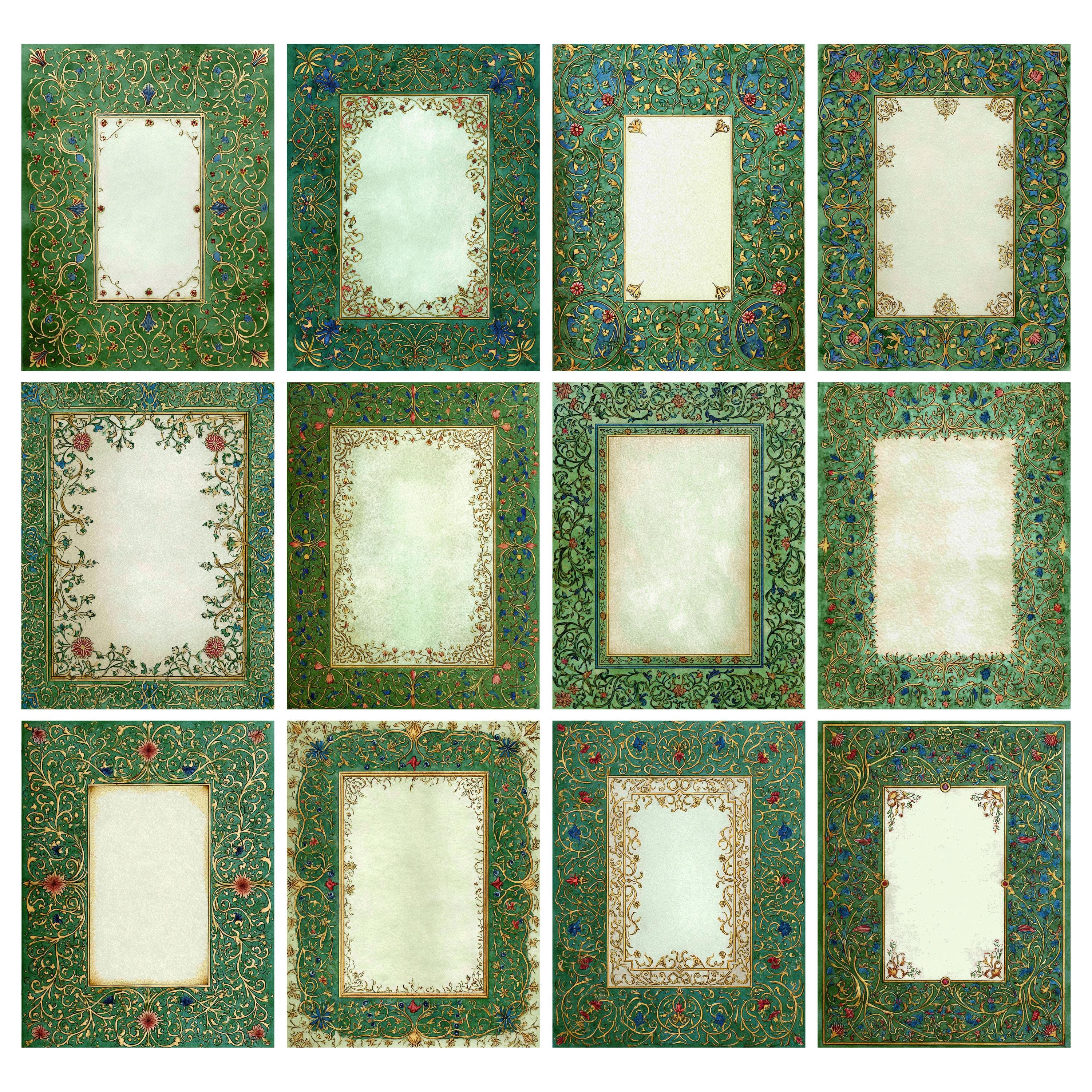 Green Renaissance Illuminated Manuscript Paper Pages, Digital Junk ...