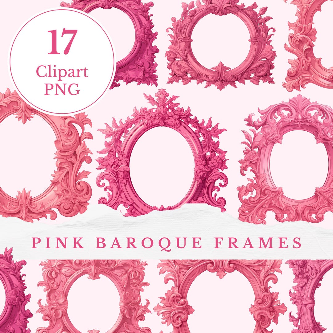 Bright Pink Baroque Frame Clipart, Ornate Vintage PNG Bundle, Printable ...