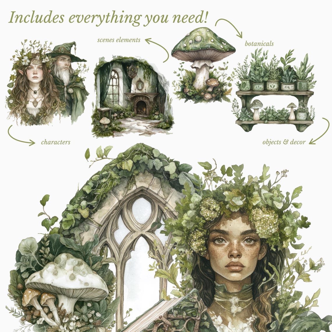Sacred Green Alchemy Clipart, Herbal Magic PNG, Forest Witch Botanical ...