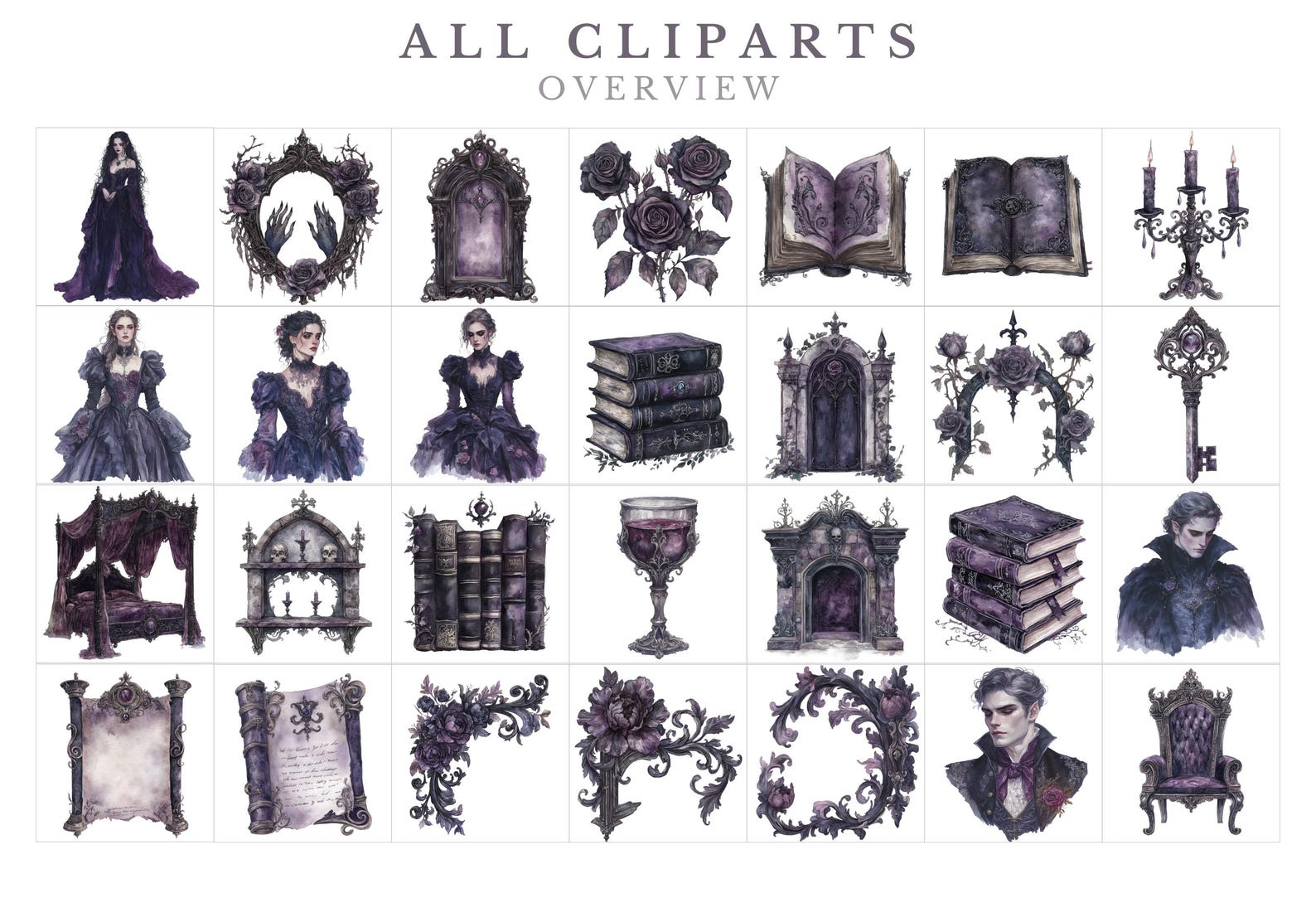 Purple Victorian Glamor Vampire Watercolor Clipart Bundle, Dark ...
