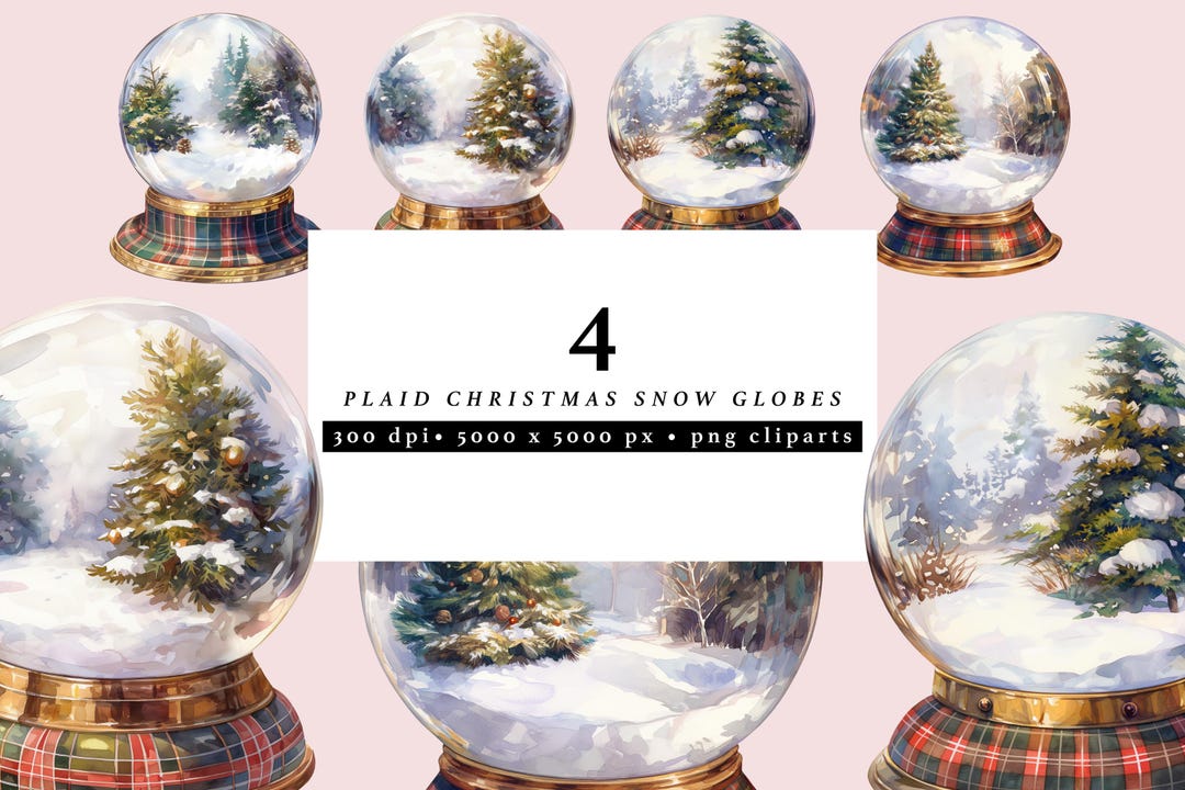 Watercolor Christmas Snowglobe Clipart, Plaid Christmas Tree Snow Globe ...