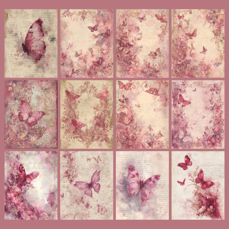 Shabby Chic Pink Butterfly Junk Journal Pages, Vintage Butterfly ...