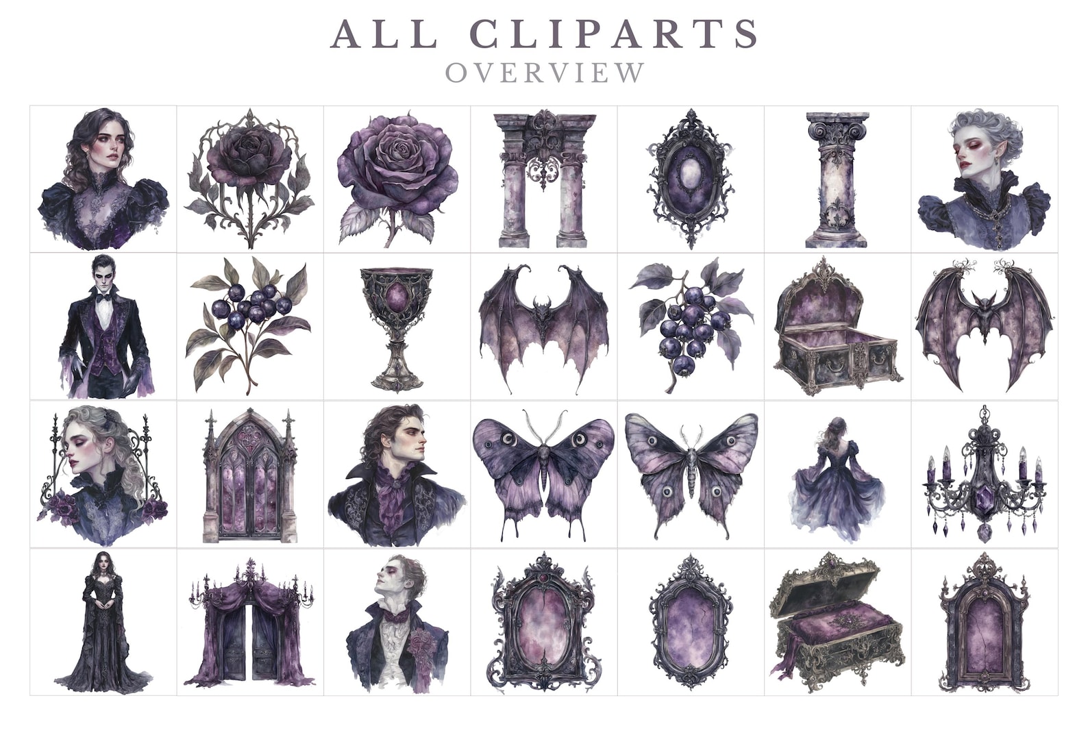 Purple Victorian Glamor Vampire Watercolor Clipart Bundle, Dark ...