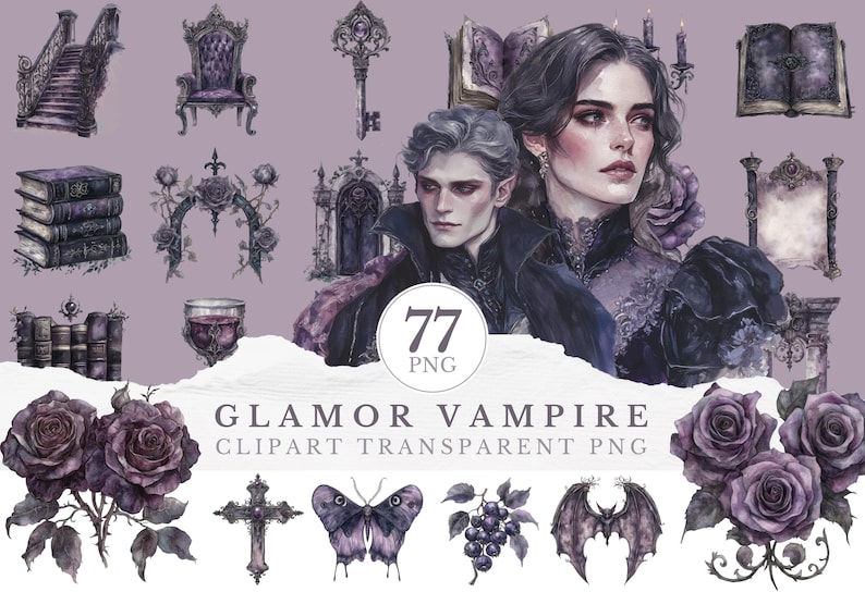 Purple Victorian Glamor Vampire Watercolor Clipart Bundle, Dark ...