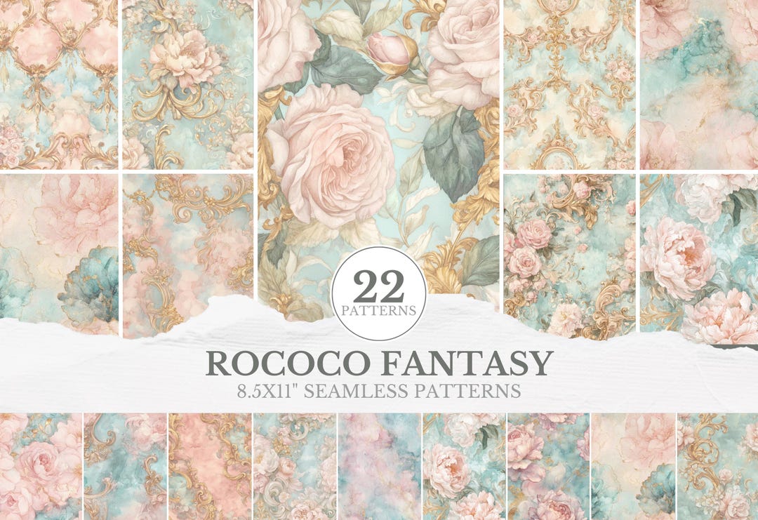 Rococo Fantasy Seamless Patterns, Versailles Pastel Rococo Digital ...