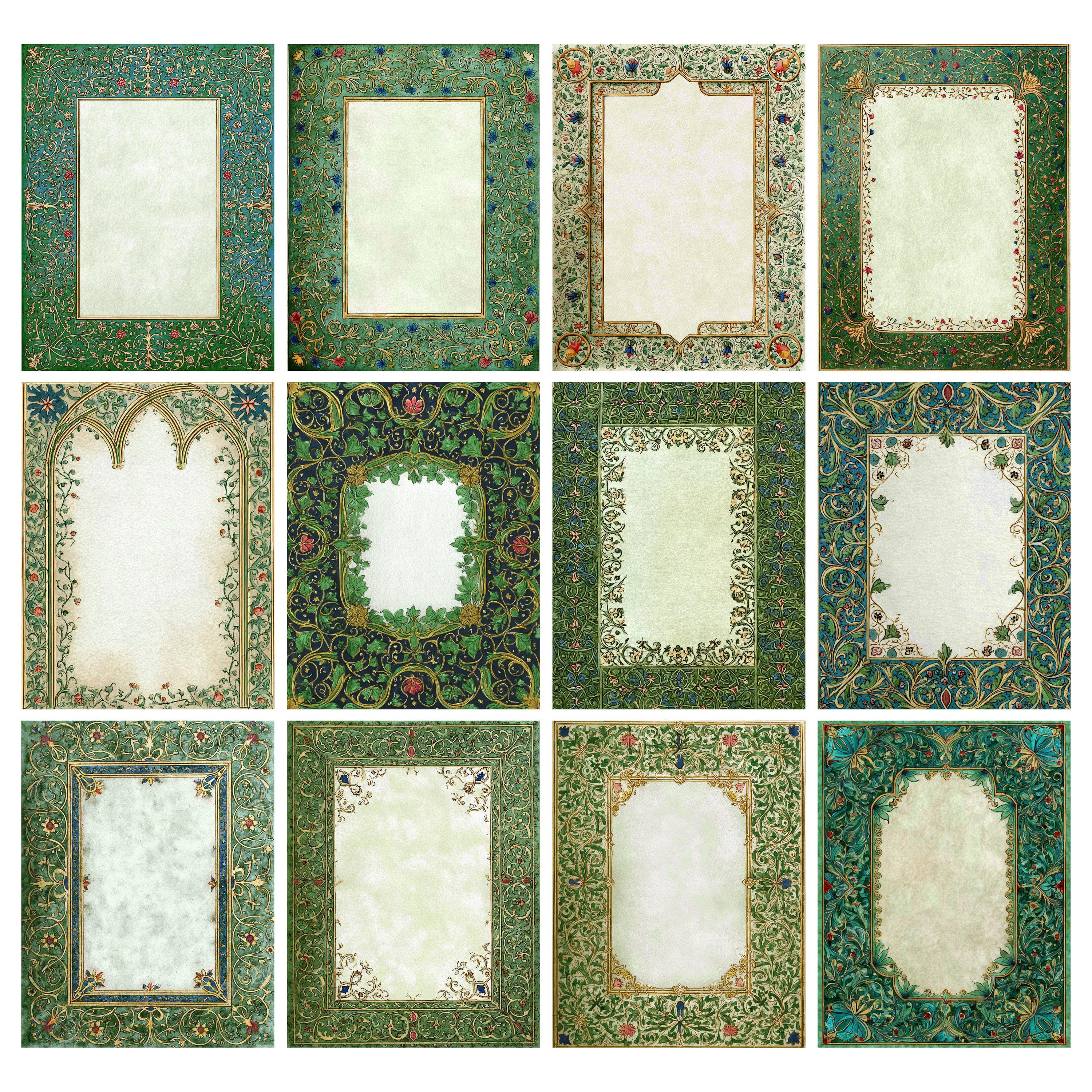 Green Renaissance Illuminated Manuscript Paper Pages, Digital Junk ...