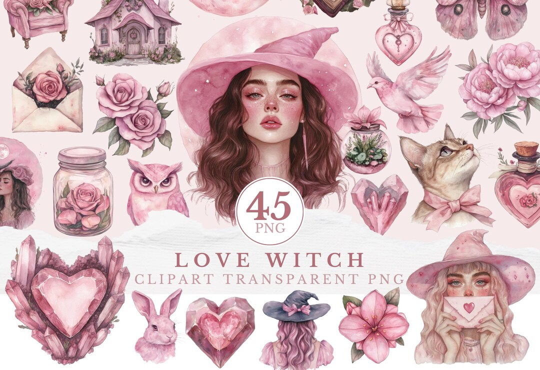 Pink Love Witch Clipart Set, Witchy Junk Journal Ephemera, Digital ...
