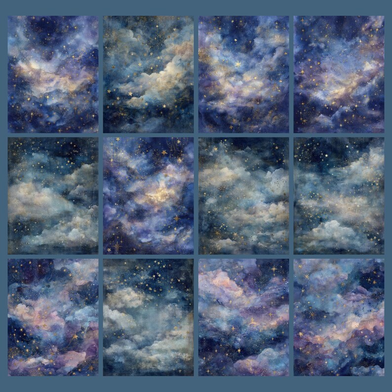Watercolor Celestial Scrapbook Paper Digital Background Starry Sky Junk ...