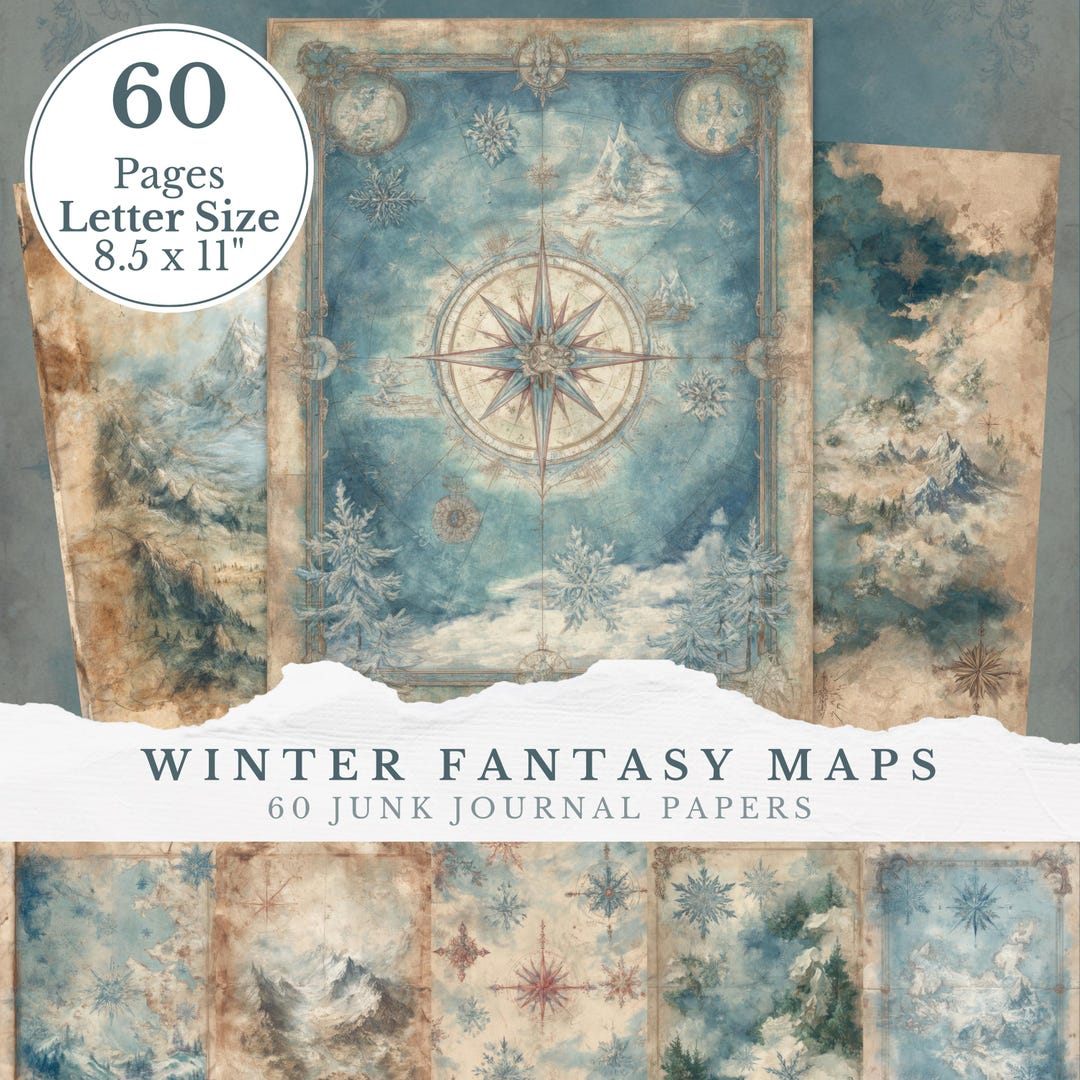 Winter Fantasy Map Junk Journal Papers, Snowy Antique Cartography ...
