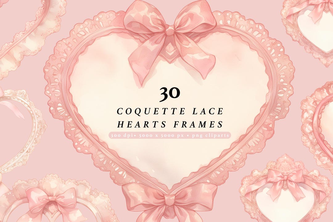 Pink Coquette Heart Frame Clipart Set, Romantic Bow Border Frames, Lace ...