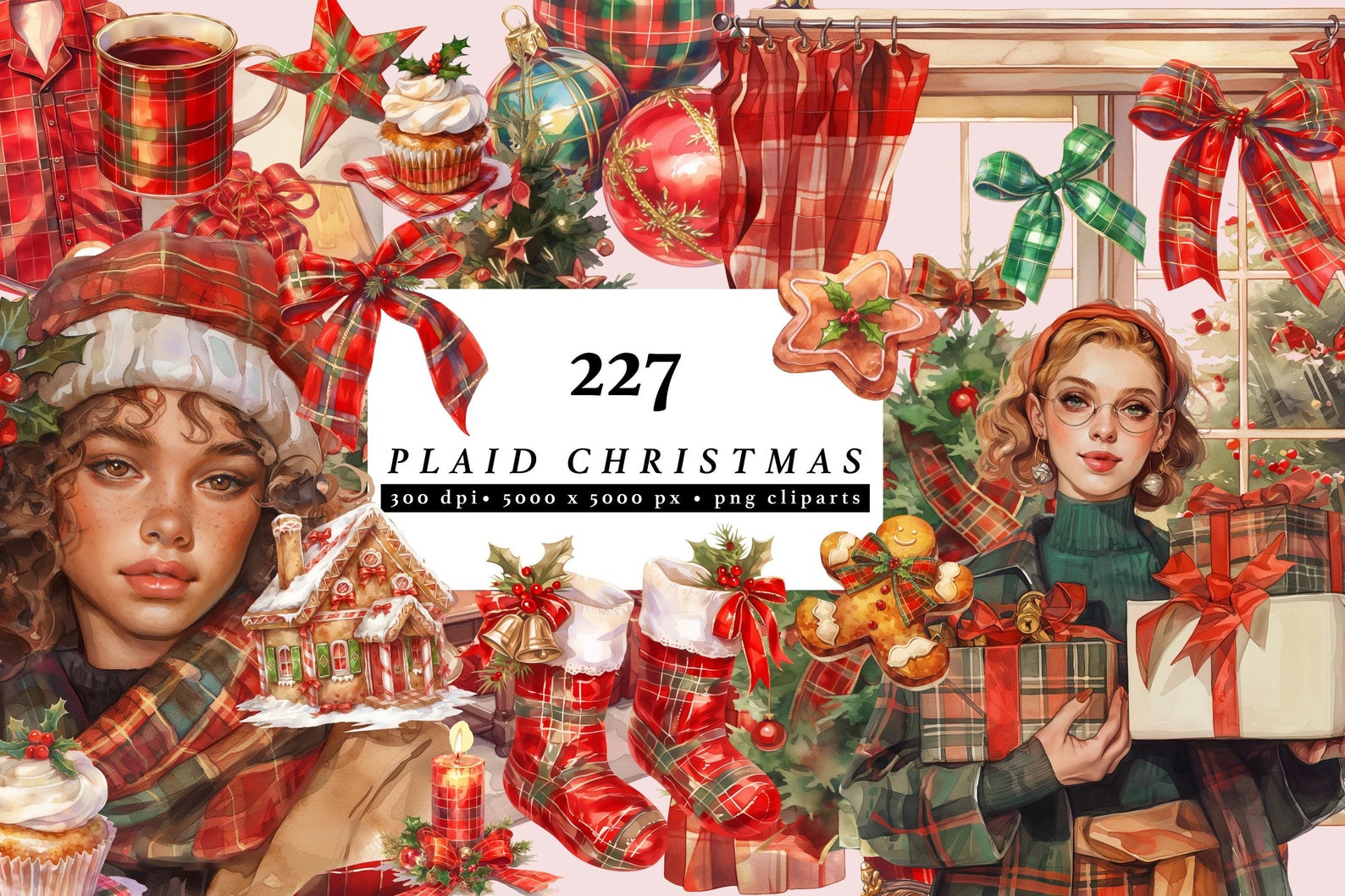 Plaid Christmas Clipart Bundle, Traditional Christmas Png Downloadable ...