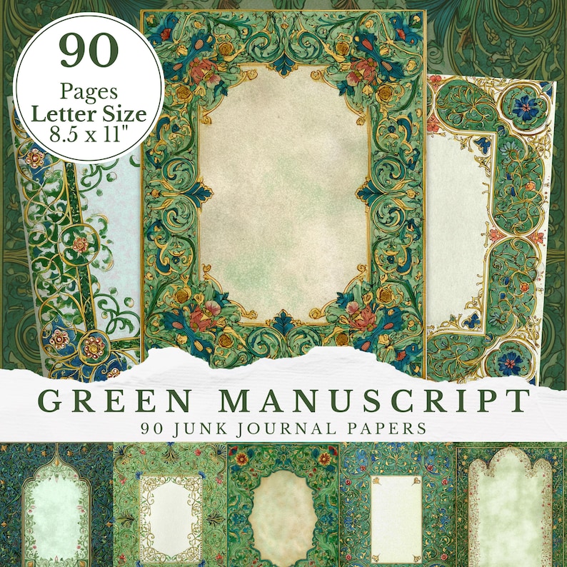 Green Renaissance Illuminated Manuscript Paper Pages, Digital Junk ...