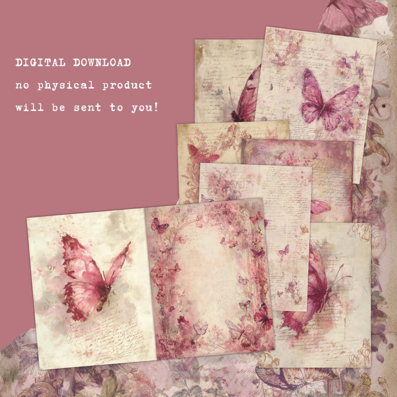 Shabby Chic Pink Butterfly Junk Journal Pages, Vintage Butterfly ...