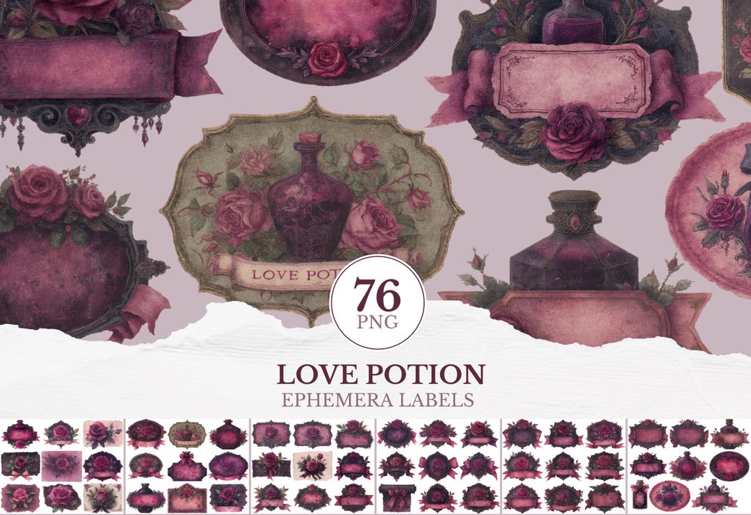 Love Potion Witch Ephemera Labels, Gothic Romance Potion Labels PNG ...