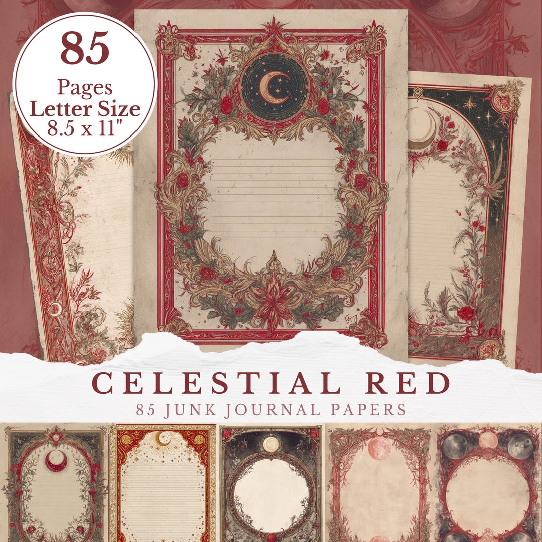 Red Celestial Blank Lined Paper, Witchy Moon Printable Stationary ...