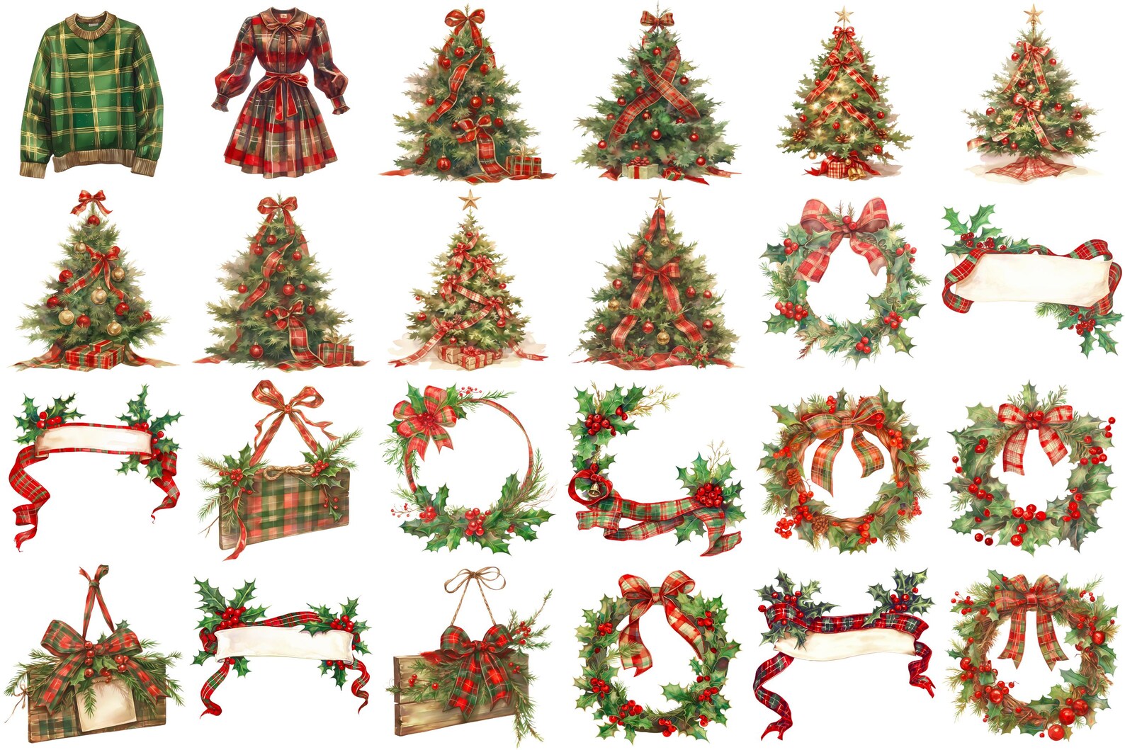 Plaid Christmas Clipart Bundle, Traditional Christmas Png Downloadable ...