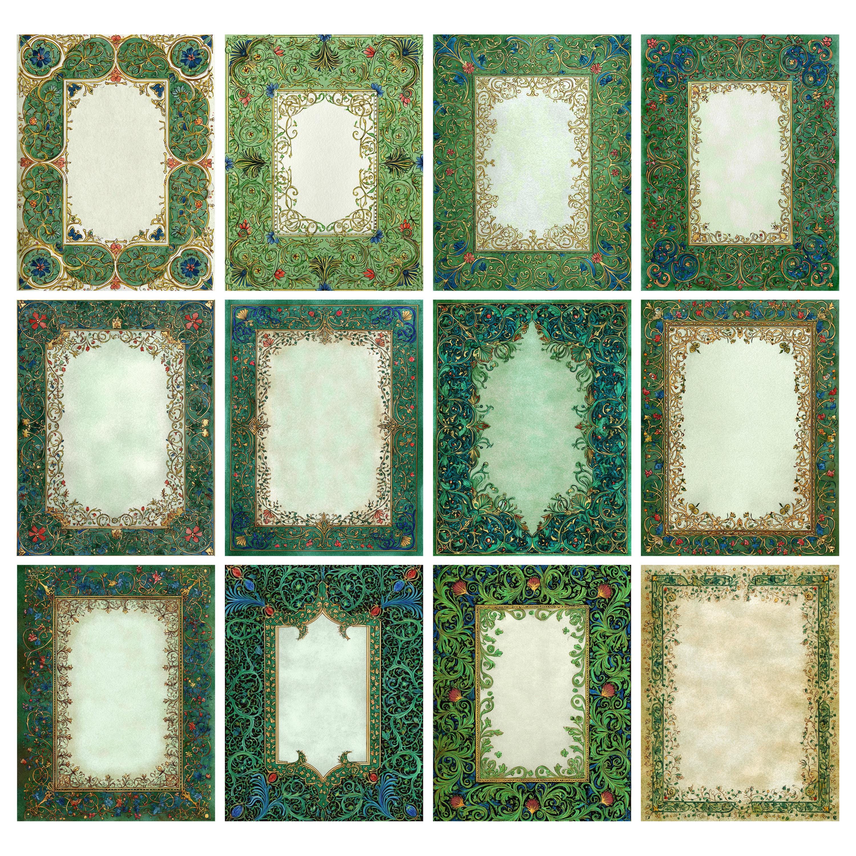 Green Renaissance Illuminated Manuscript Paper Pages, Digital Junk ...