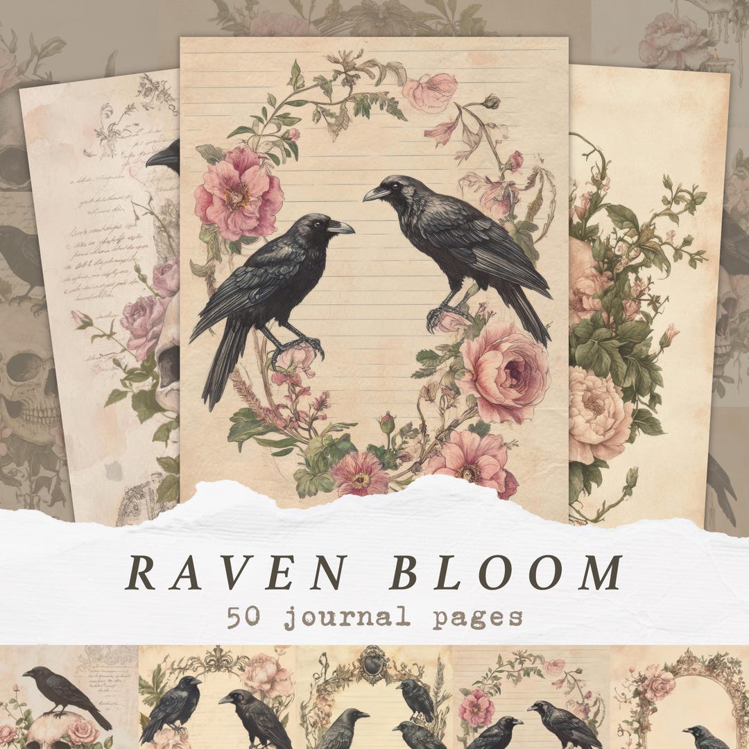 Floral Raven Scrapbook Paper, Goth Spring Journal Pages, Gothic Junk ...