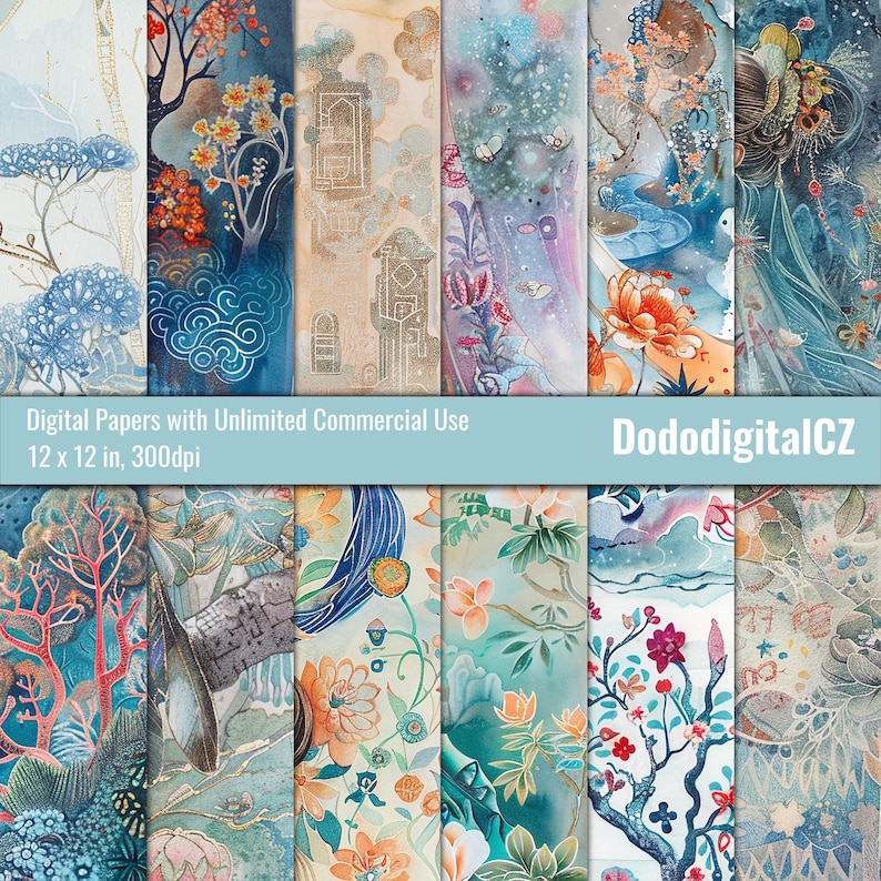 Oriental Fantasy Digital Paper | Unlimited Commercial Use | Patterned ...