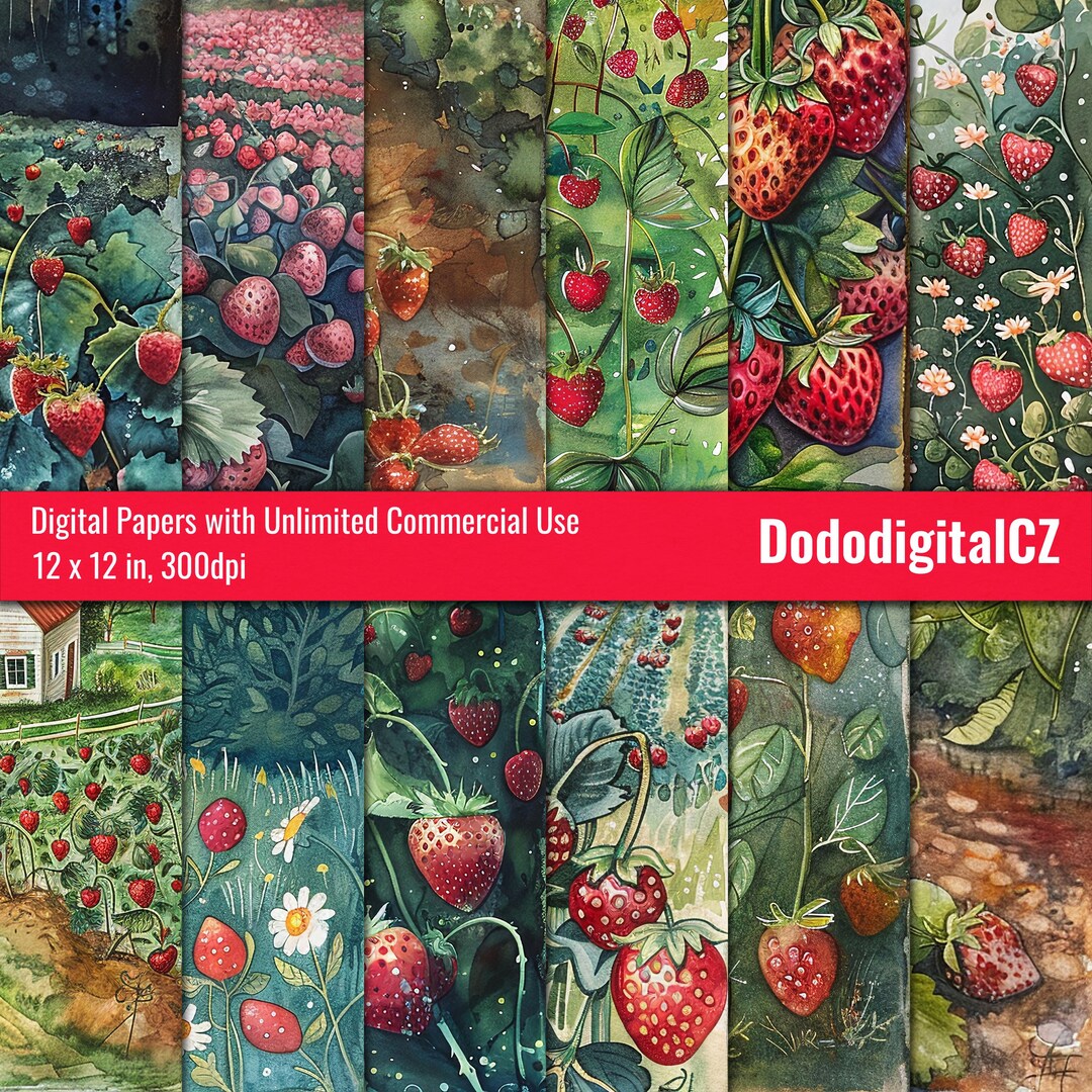 Strawberry Field Digital Paper | Unlimited Commercial Use | Patterned ...