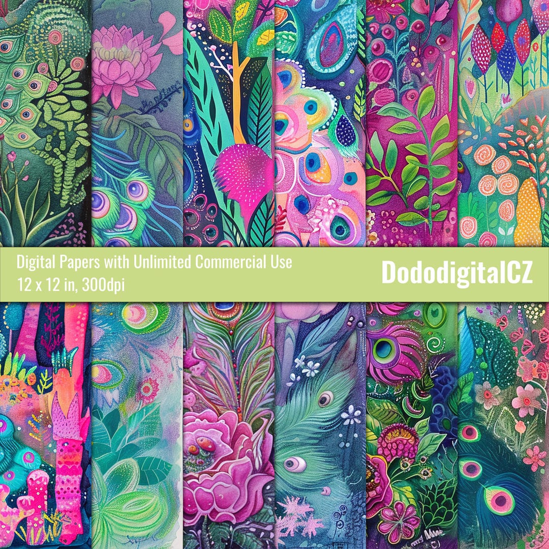 Peacock Garden Digital Paper | Unlimited Commercial Use | Patterned ...