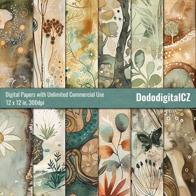 Boho Natural Digital Paper | Unlimited Commercial Use | Patterned Paper ...