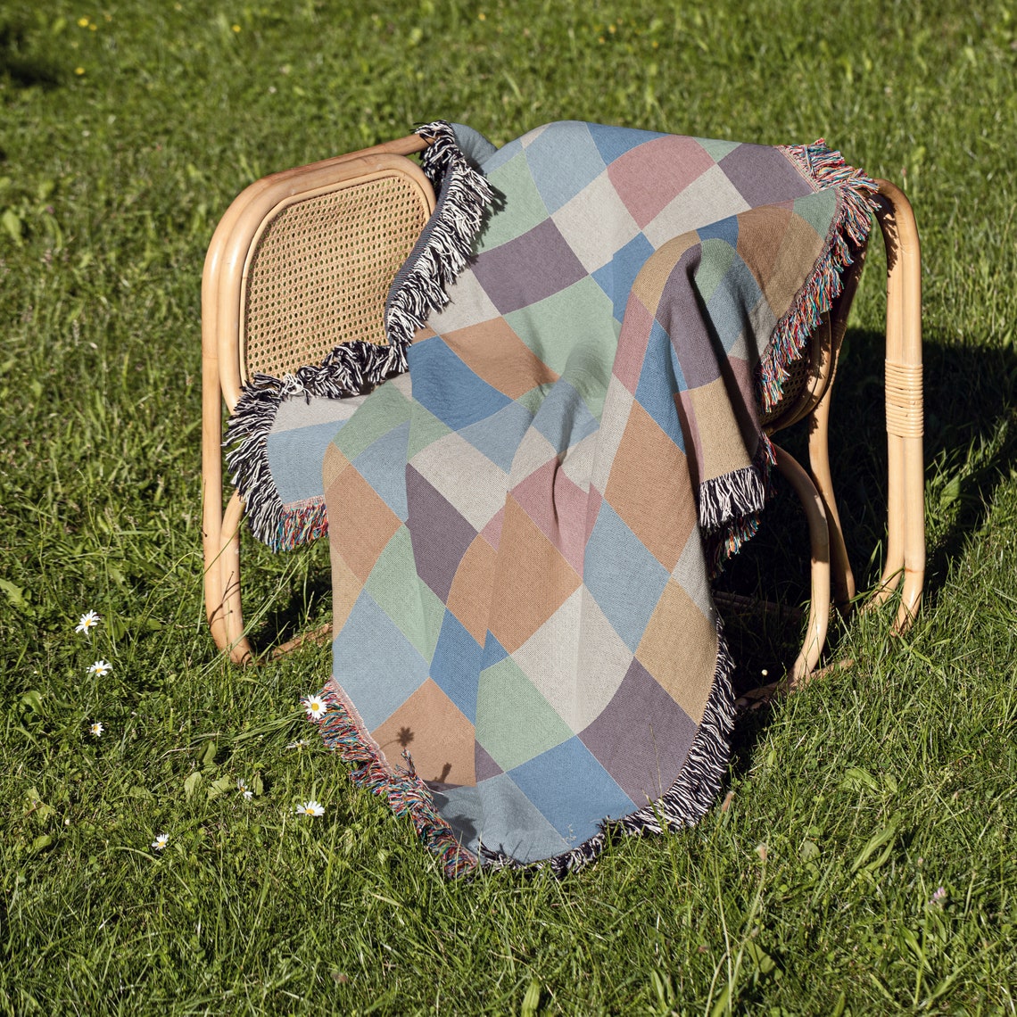 Hand-drawn Muted Pastel Checker Board Pattern Woven Blanket Cotton ...