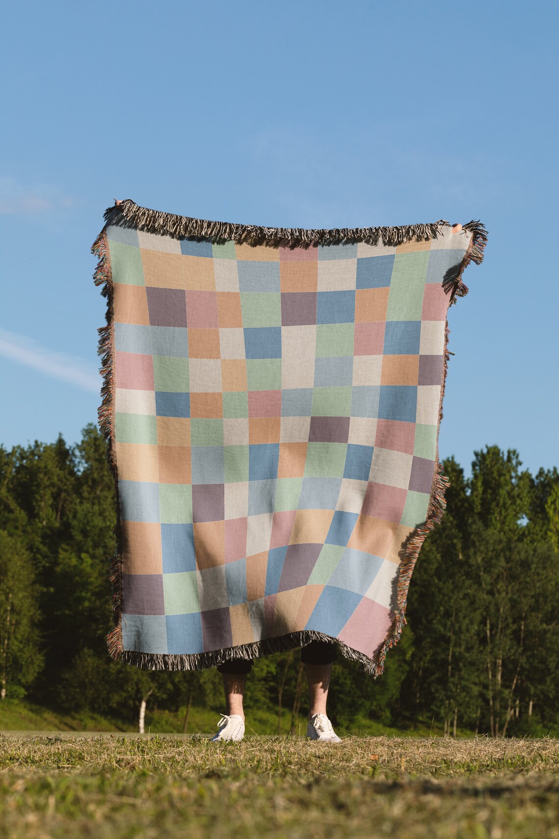 Hand-drawn Muted Pastel Checker Board Pattern Woven Blanket Cotton ...