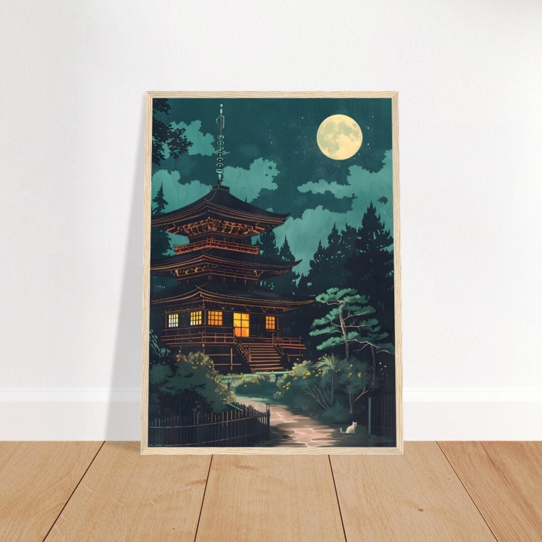 Temple Moonlight Poster, Japanese Building, Japanese Anime Print, Home ...