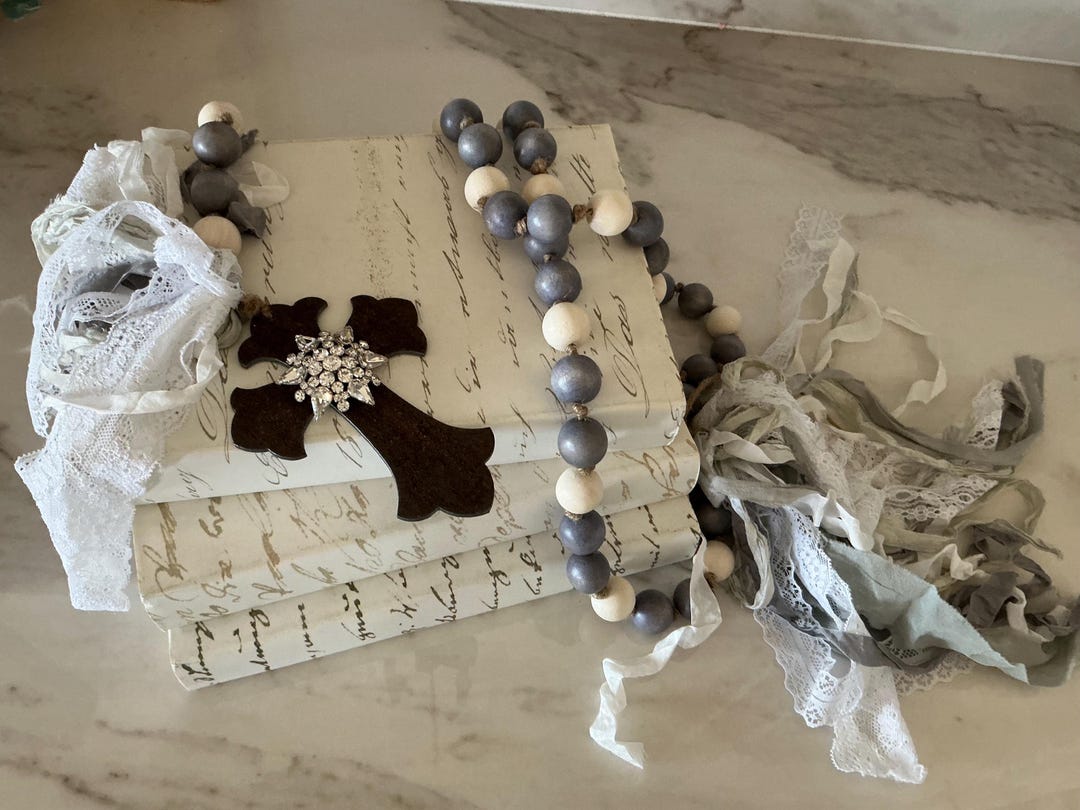 Wood Bead Garland With Cross Religious Decor Catholic Altar Decor Rusty ...