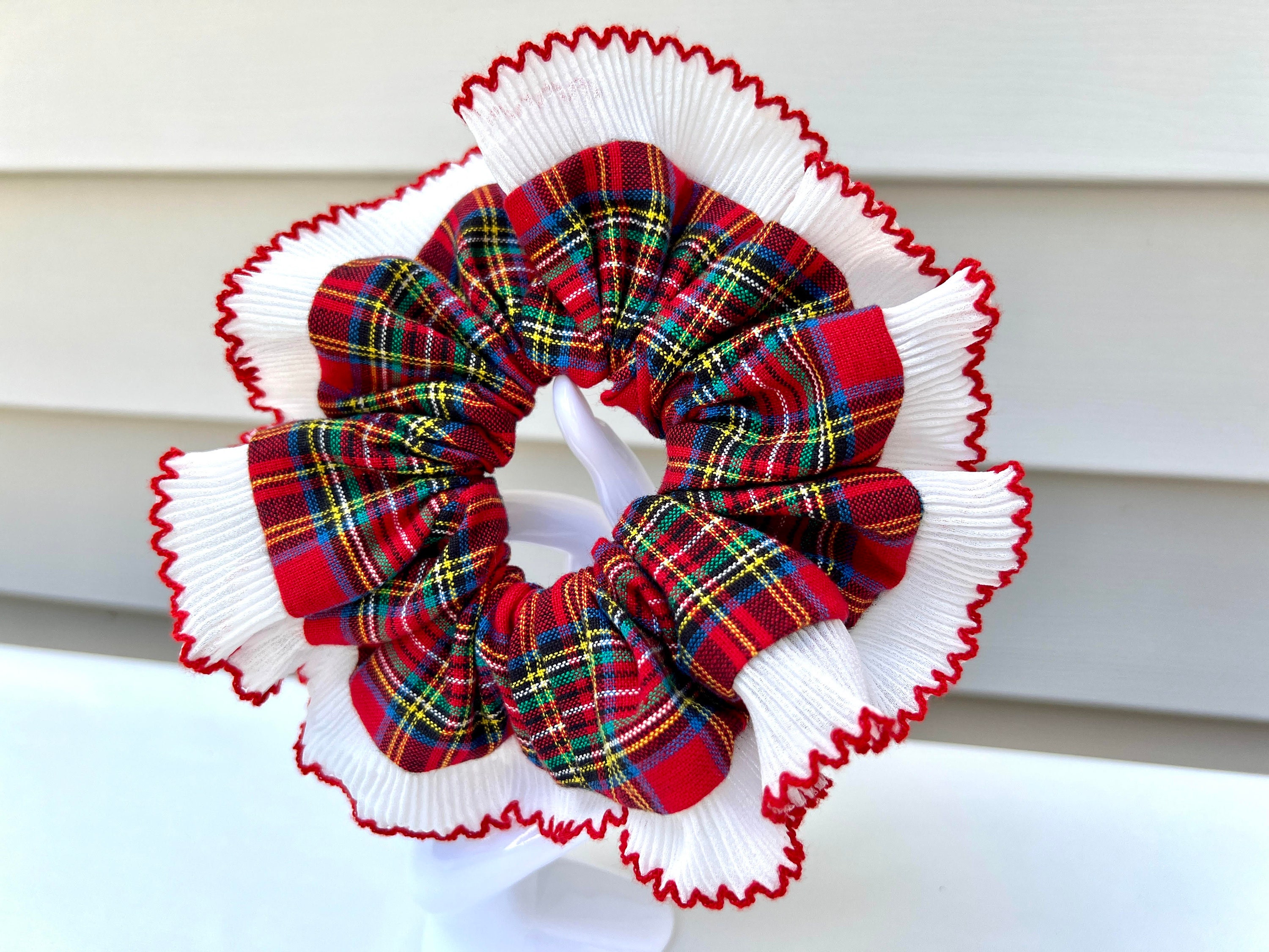 Oversized Red Tartan Scrunchie, Pleated Lace Frill, Messy Bun Style - Etsy