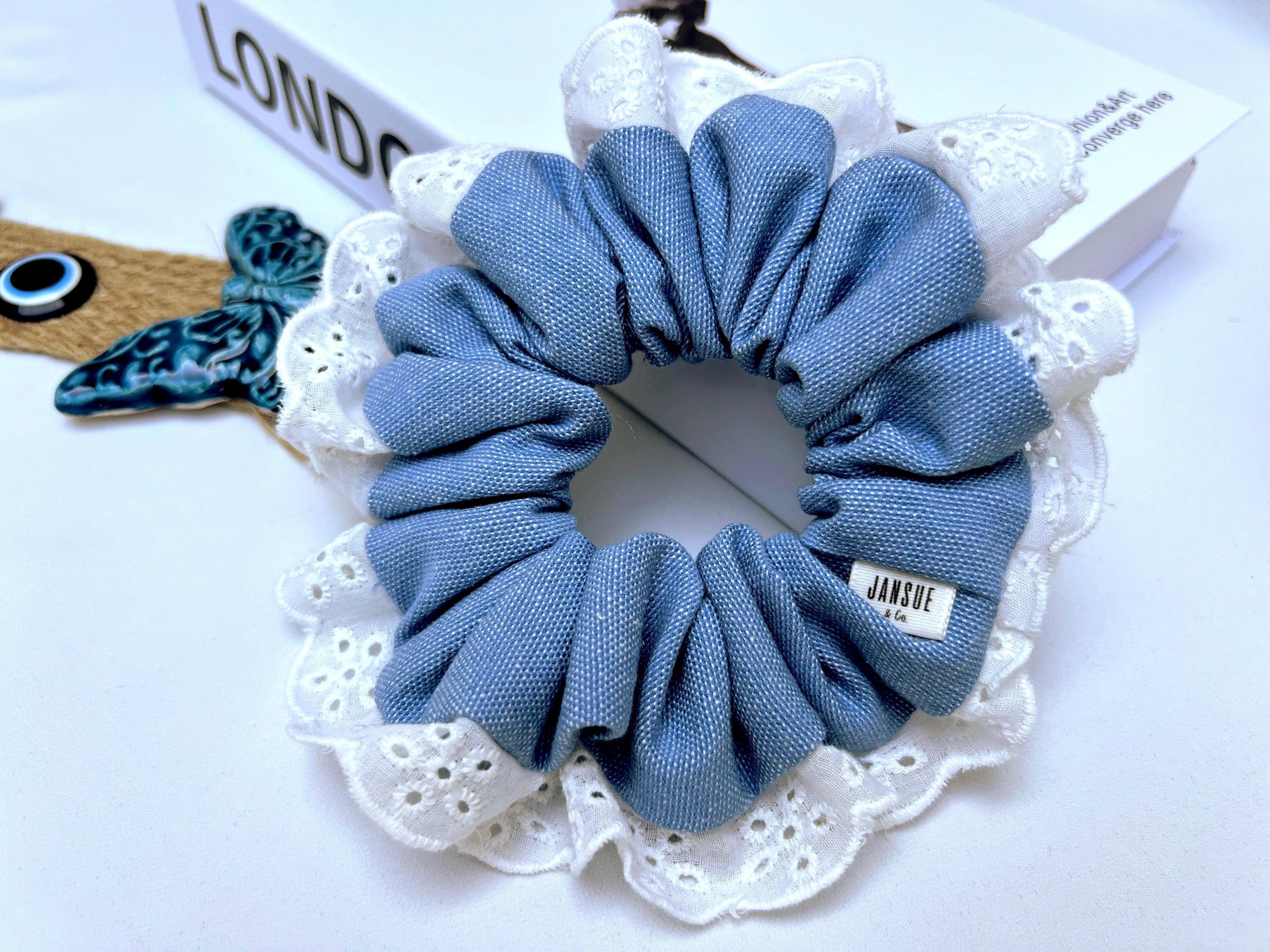 Denim Scrunchie With Broderie Anglaise Lace Trim - Handmade Ruffle Hair ...