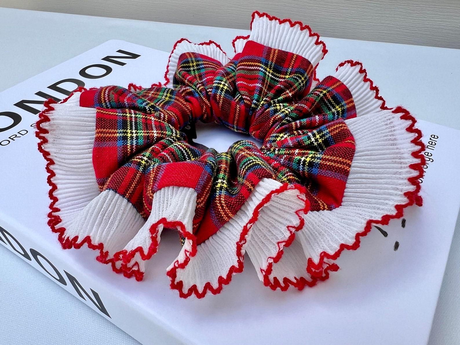 Oversized Red Tartan Scrunchie, Pleated Lace Frill, Messy Bun Style - Etsy