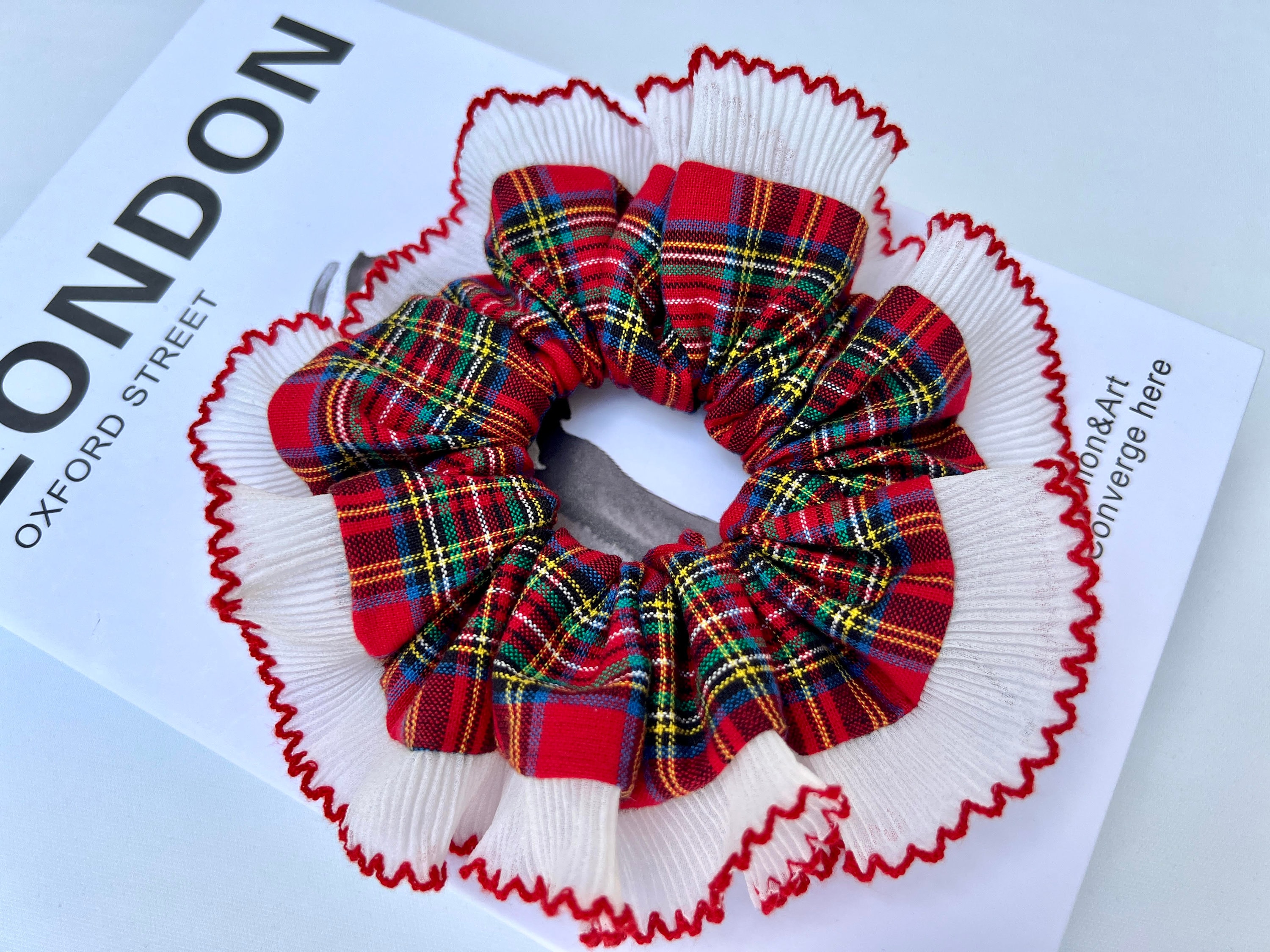Oversized Red Tartan Scrunchie, Pleated Lace Frill, Messy Bun Style - Etsy